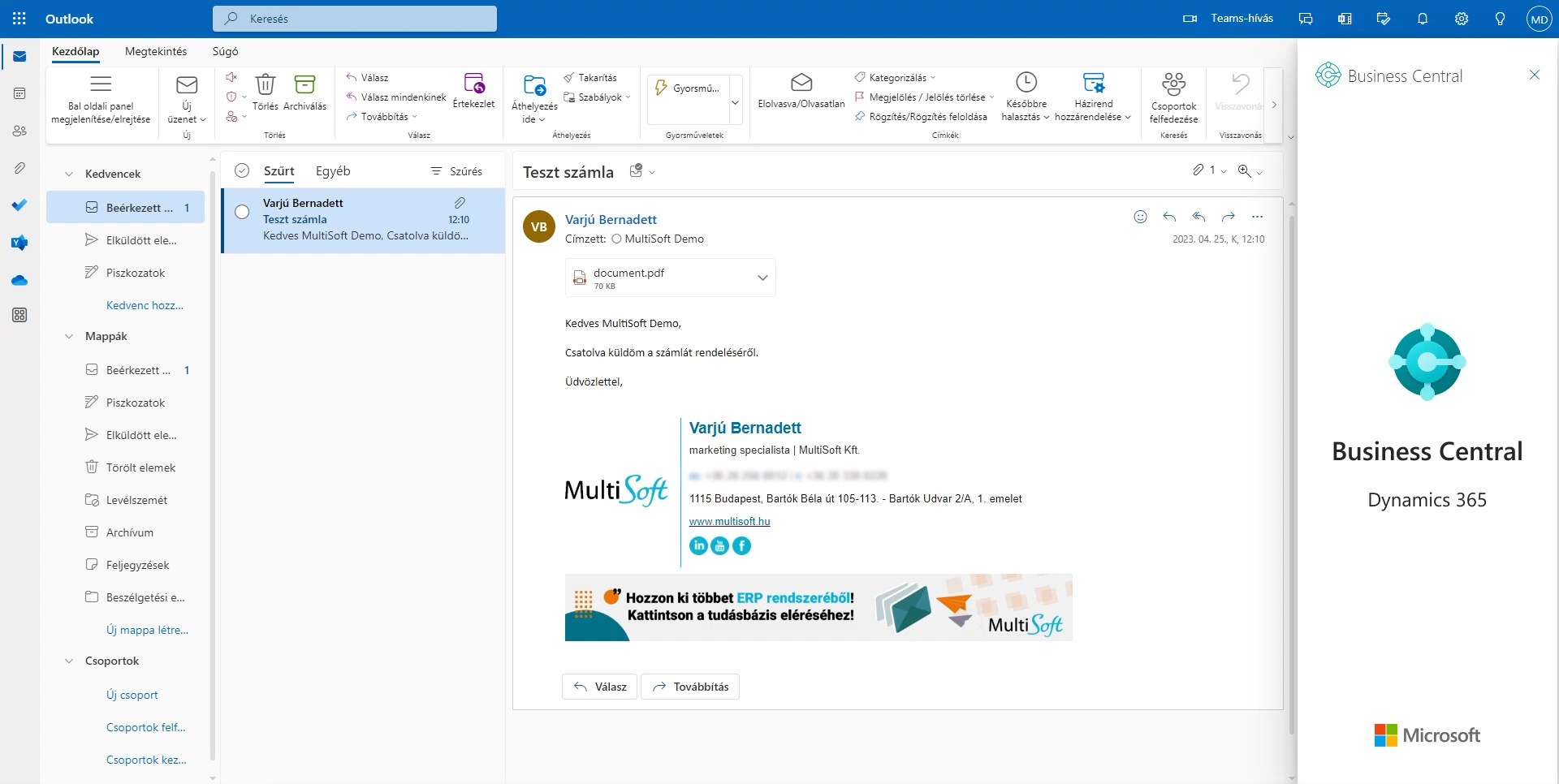 Business Central bővítmény az Outlookban | MultiSoft Kft.